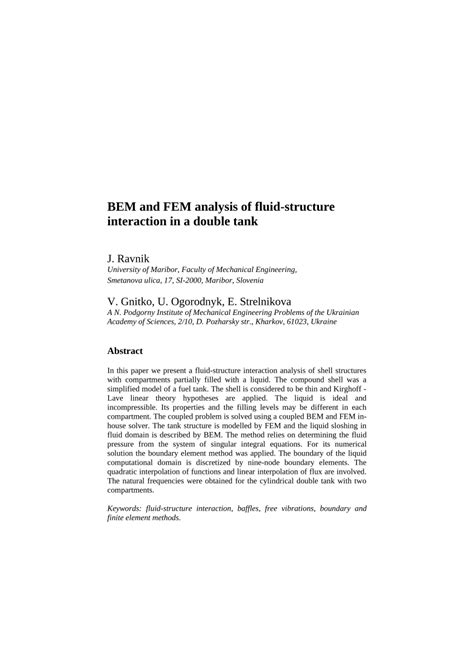 Pdf A Bem And Fem Analysis Of Fluid Structure Interaction In A Double Tank Wit Tranactions On
