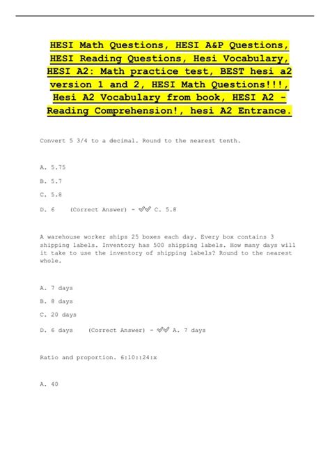 Hesi Math Questions Hesi Aandp Questions Hesi Reading Questions Hesi Vocabulary Hesi A2 Math