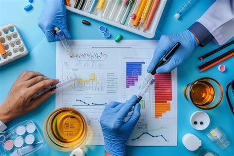 Scientists In Blue Gloves Analyze Medical Data Charts And Test Tubes In A Lab Setting Examining