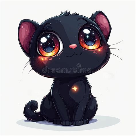 Adorable Chibi Black Cat With Starry Eyes And Cute Expression Stock