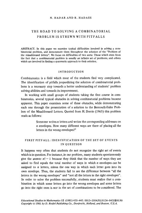 Pdf The Road To Solving A Combinatorial Problem Is Strewn With Pitfalls