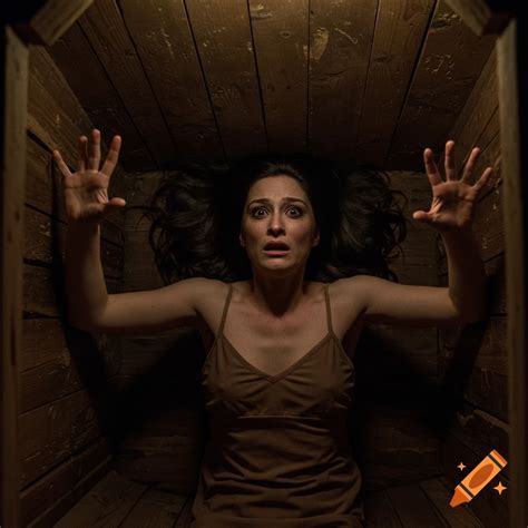 A Photorealistic Image Of A Terrified Woman Trapped In A Wooden Coffin