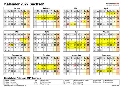 Kalender 2027 Sachsen Ferien Feiertage Excel Vorlagen
