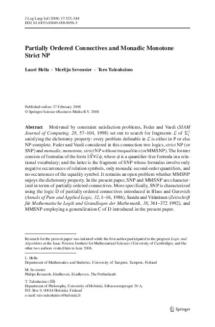 Pdf Partially Ordered Connectives And Monadic Monotone Strict Np