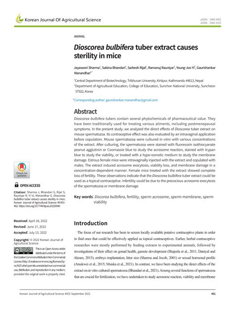 Pdf Dioscorea Bulbifera Tuber Extract Causes Sterility In Mice
