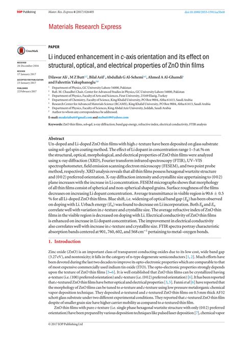 Pdf Li Induced Enhancement In C Axis Orientation And Its Effect On Structural Optical And