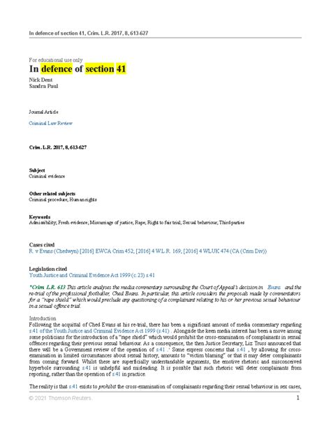 In Defence Of Section 41 For Educational Use Only In Defence Of