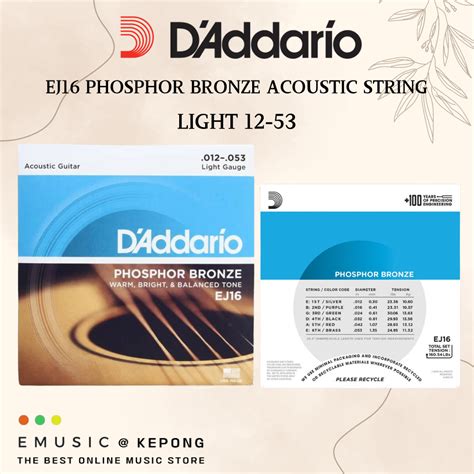 Daddario Ej16 Phosphor Bronze Acoustic Strings Light 12 53 Daddario D Addario Shopee