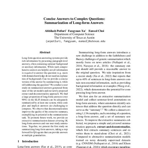 Concise Answers To Complex Questions Summarization Of Long Form