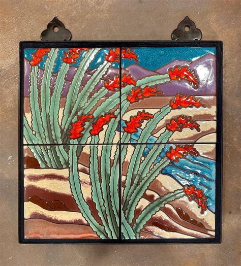 12x12 Ocotillo Riparian Scene Tile Mural Hand Glazed Arizona Desert