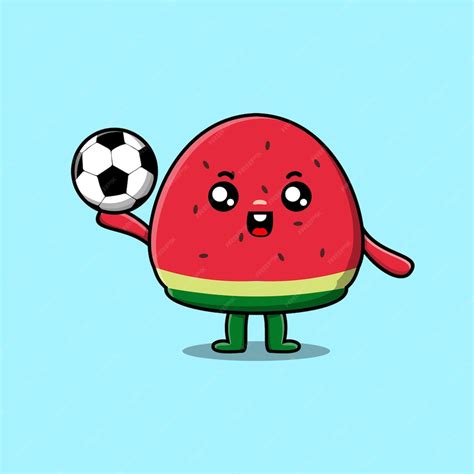 플랫 만화 스타일 그림에서 축구를하는 귀여운 만화 수박 캐릭터 프리미엄 벡터