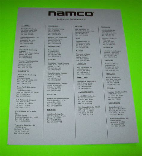 Namco Usa Distributor List 1994 Original Flyer With Names And Addresses