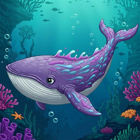 A Colorful Cartoon Depiction Of A Purple Whale With Expressive Features