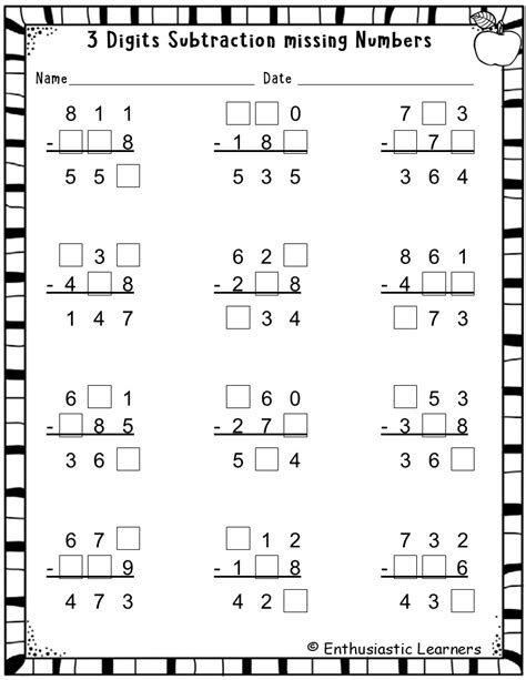 3 Digit Subtraction Missing Numbers Worksheets Find The Minuend