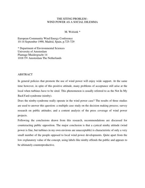 Pdf The Siting Problem Wind Power As A Social Dilemma