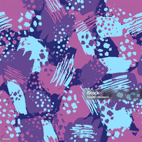 벡터 브러시 획과 점으로 화려한 완벽 한 패턴입니다 어두운 배경에 핑크 블루 바이올렛 색상입니다 손으로 그린 그레인 텍스처 잉크 기하학적 요소입니다 패션 현대적인
