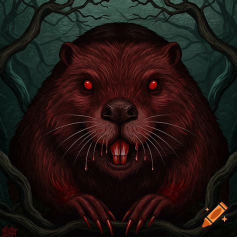 Stylized Dark Fantasy Illustration Of A Red Beaver With Glowing Red