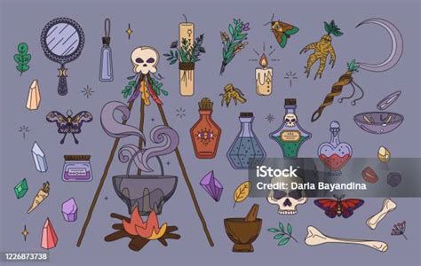 위카 이교도 및 약초 컬렉션 가마솥 거울 양초 의식 낫 고립 된 마술 요소 세트 마법 비열한 또는 신비심한 상징 배지 스티커 및 인쇄 컨셉 거울에 대한 스톡 벡터 아트 및