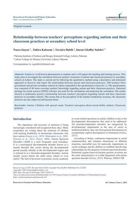Pdf Relationship Between Teachers Perceptions Regarding Autism And Their Classroom Practices