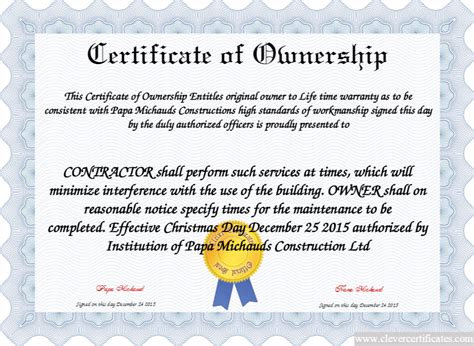 Certificate Of Ownership Form Template Free Sample