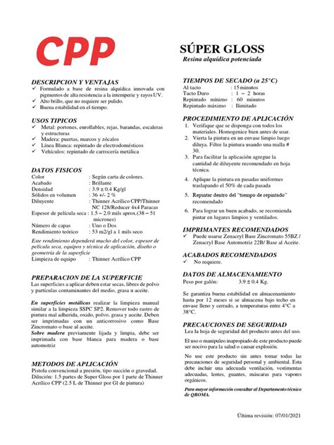 Pinturas Cpp Automotriz Super Gloss Ficha Tecnica Pdf