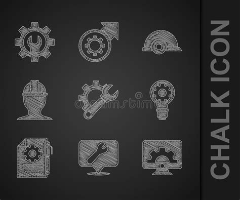 Set Wrench Spanner And Gear Location With Wrench Computer Monitor Light Bulb Document