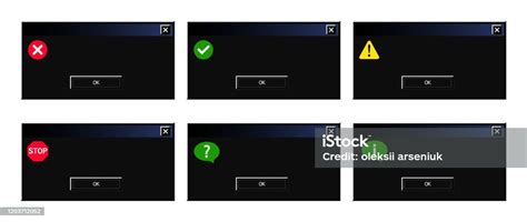 Set Of A Retro System Dialog Box And Error Message Popup Windows In Dark Mode Theme Stock