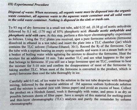 SOLVED III Experimental Procedure Disposal Of Waste When Necessary All Organic Waste Must Be