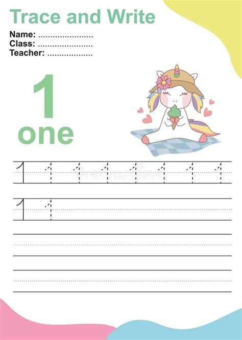number one tracing practice worksheet with one kawaii unicorn character
