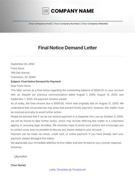 Free Final Notice Demand Letter Template To Edit Online