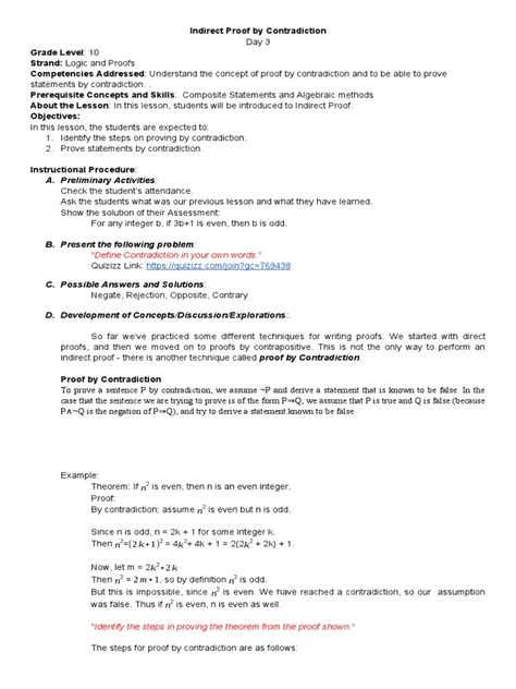 lesson plan g10 day 3 indirect proof by contradiction pdf
