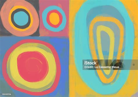 칸딘스키와 말레비치 미술 일러스트레이션 리얼리즘 추상화에서 영감을 받은 둥근 모양과 정사각형 원색을 가진 예쁜 추상미술 독특한