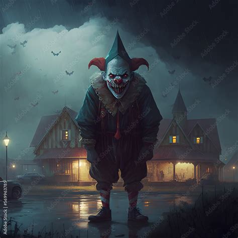 An Illustration Of A Creepy Menacing Clown Who Is Terrorizing The Town