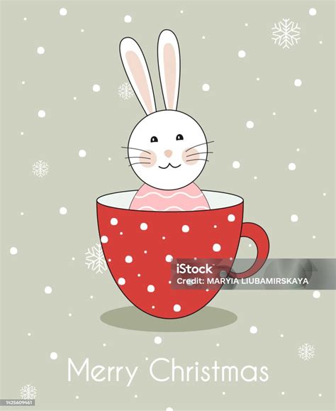 카와이 토끼와 함께 크리스마스 카드 인사말 귀여운 흰 토끼 컵에 비문 메리 크리스마스와 새해 복 많이 받으세요 벡터 12월에 대한 스톡 벡터 아트 및 기타 이미지 Istock