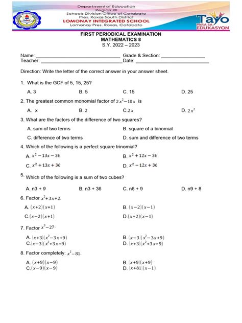 Math 8 Pdf Factorization System Of Linear Equations