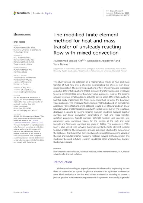Pdf The Modified Finite Element Method For Heat And Mass Transfer Of Unsteady Reacting Flow