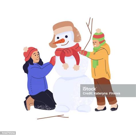 눈사람을 만드는 소년과 함께 웃는 소녀 아이들은 겨울 방학에 야외에서 놀고 있습니다 겨울에 즐거운 시간을 보내는 귀여운 아이들 휴가와 어린 시절 격리된 평면 벡터 그림 12