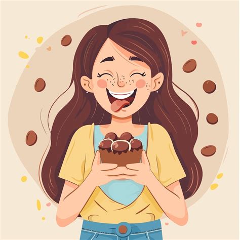 A Cartoon Of A Girl Eating A Chocolate Cake With The Words Happy