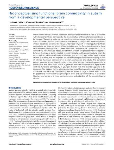 Pdf Reconceptualizing Functional Brain Connectivity In Autism From A Developmental Perspective