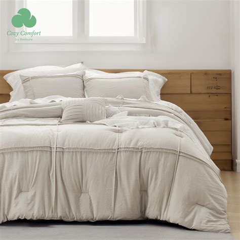 Bedsure Cozy Comfort Beige Queen Comforter Set 4 Pieces Grid Pleated