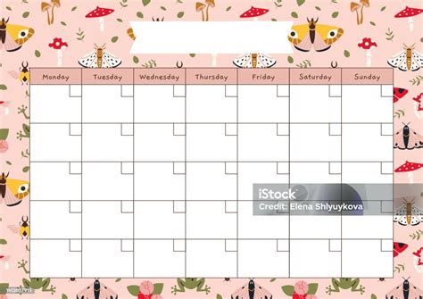 숫자가없는 귀여운 월간 달력 템플릿 여름 분위기 만화 스타일 인쇄 가능한 A4 용지 시트 글머리 기호 저널 페이지 플래너 트렌디 한 현대 벡터 일러스트 레이 션 손으로 그린