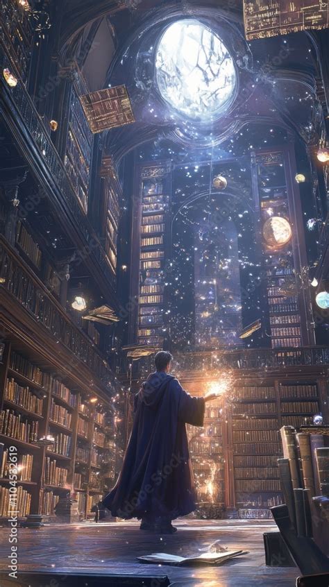 Young wizard casting a spell in a grand library, flying books, magical orbs, intricate bookcase ...