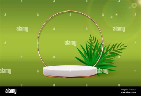White 3d Pedestal Background With Golden Glass Ring Frame Realistic