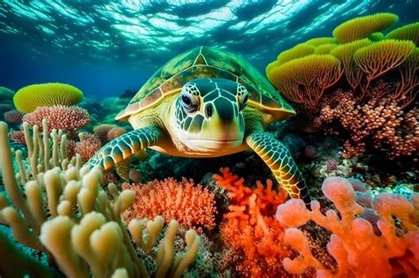 Premium Ai Image Maldivian Sea Turtle Floating Up And Over Coral Reef