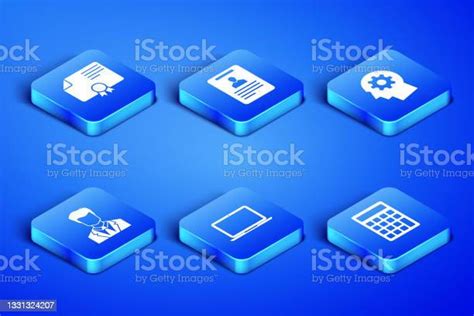 계산기 인증서 템플릿 노트북 비즈니스 슈트에 있는 사람의 사용자 식별 배지 및 아이콘 내부의 기어가있는 인간 머리를 설정합니다 벡터 3차원 형태에 대한 스톡 벡터 아트 및