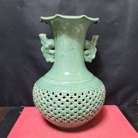 청자 흑백상감 이중투각 양이형호 도자기 세컨웨어