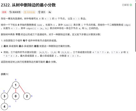 Leetcode 2322:从树中删除边的最小分数 技术栈 Leetcode 2322:从树中删除边的最小分数 技术栈