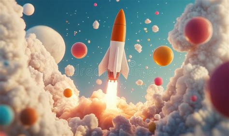 Rocket Launching Through Colorful Clouds And Planets In Space Stock Illustration Illustration