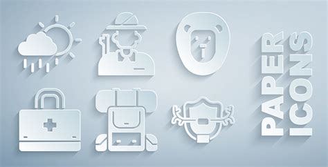 세트 하이킹 배낭 야생 사자 구급 상자 사슴 뿔 방패 사냥꾼 및 비가 있는 구름 아이콘 벡터 0명에 대한 스톡 벡터 아트 및 기타 이미지 Istock