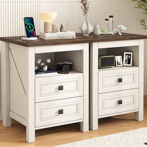 Nightstand Set Of 2 With Charging Station Rustic Bedside Table